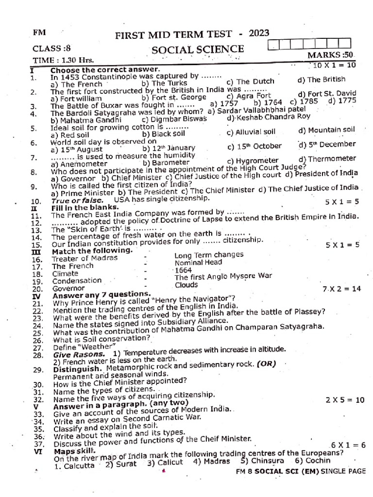 Zeal Study 8th Social EM 1st Mid Term Exam 2023 Original Question Paper Madurai District English ...