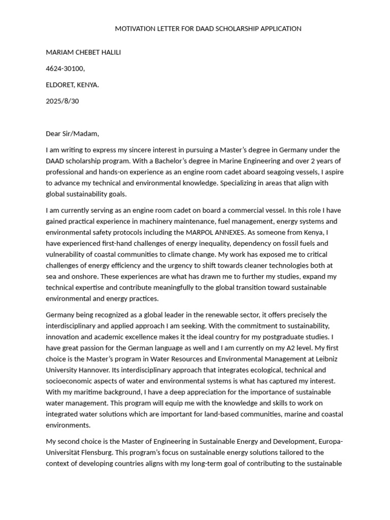 MARIAM CHEBET HALILI Motivation Letter | PDF | Sustainability | Natural ...