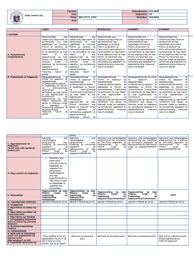 Gr.6 DLL AP WK 3 q2 | PDF