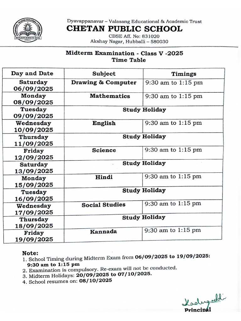 Midterm Examination Time Table and Portion | PDF