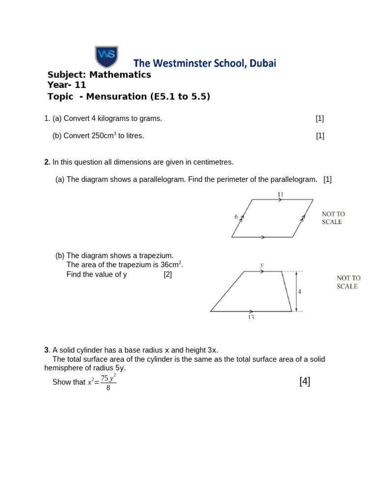 YR11 Maths Revision Task Sheet Mensuration E5.1 To 5.5 | PDF | Area ...