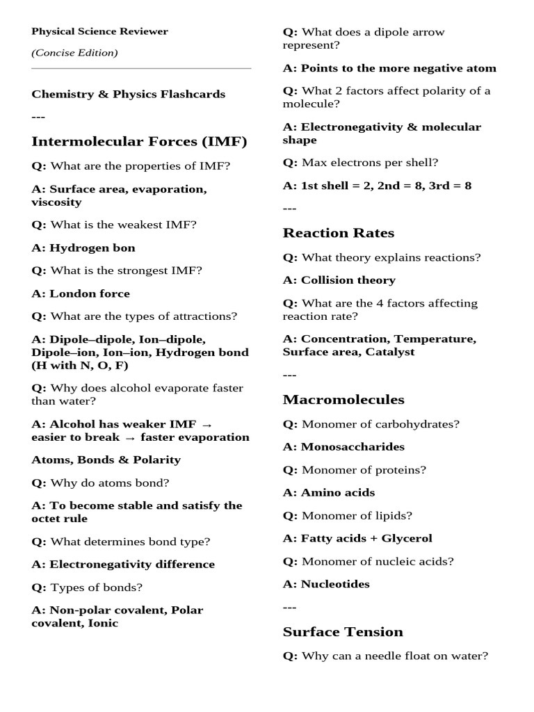Physical Science Reviewer | PDF | Chemical Polarity | Chemical Bond