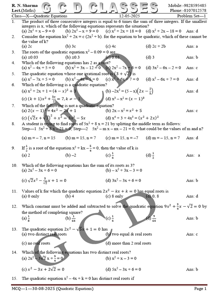 10 4 Quadratic Equations MCQ 1 | PDF | Quadratic Equation | Equations