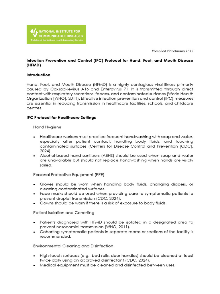 IPC Protocol for Hand, Foot, and Mouth Disease | PDF | Hand Washing ...