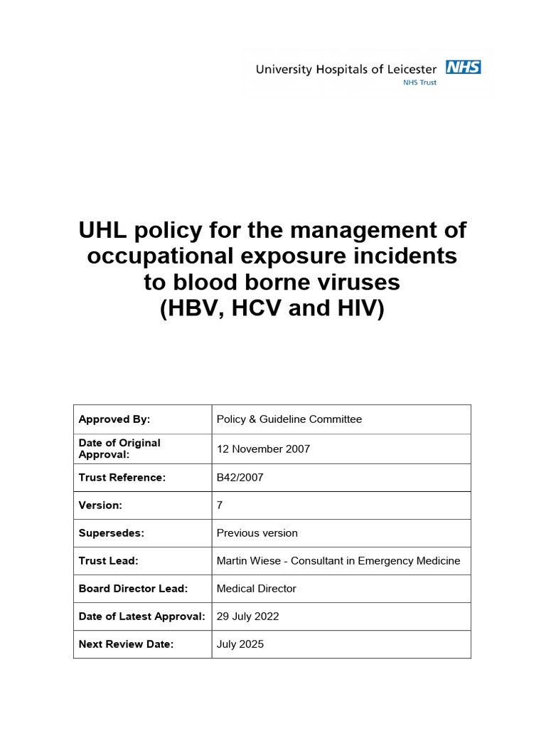 Blood Borne Viruses (HBV, HCV and HIV) Occupational Exposure UHL Policy ...