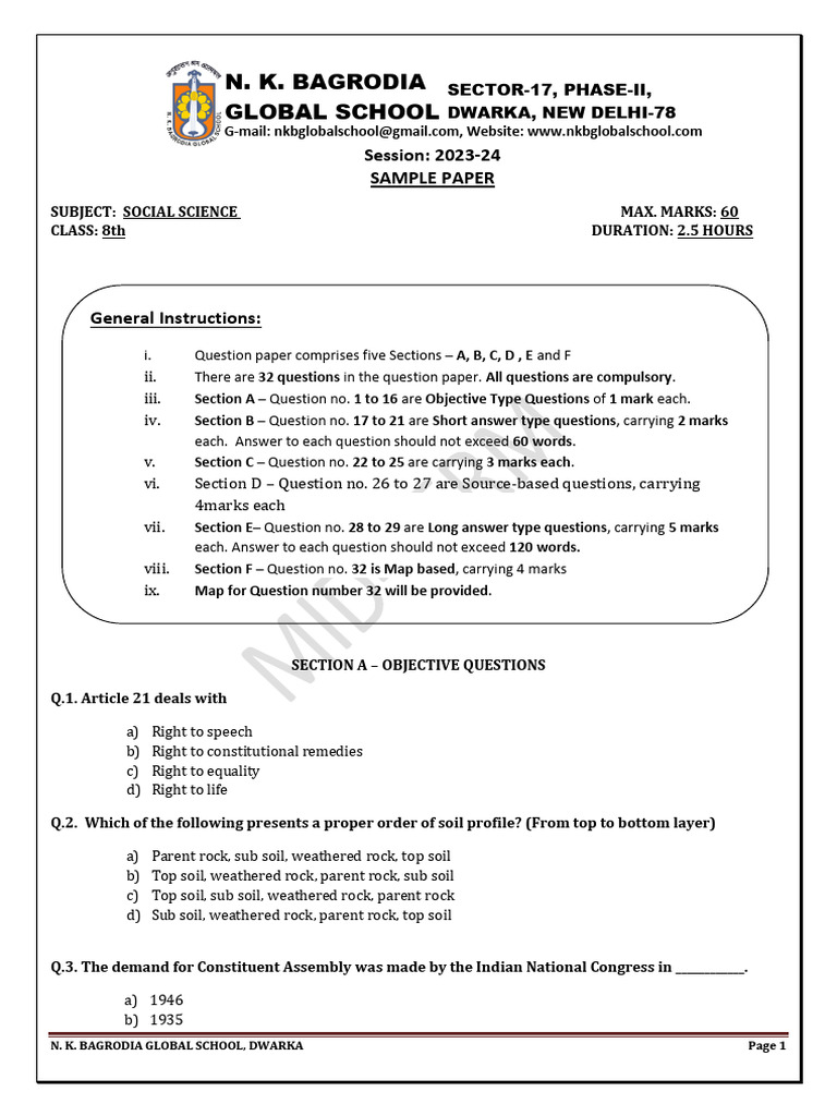 Sample Papers of Class-8, Mid Term Exam, Session 2023-24 | PDF