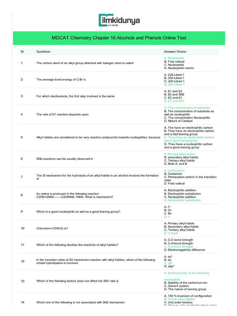 MDCAT Chemistry: Alcohols & Phenols Test | PDF | Chemical Reactions ...