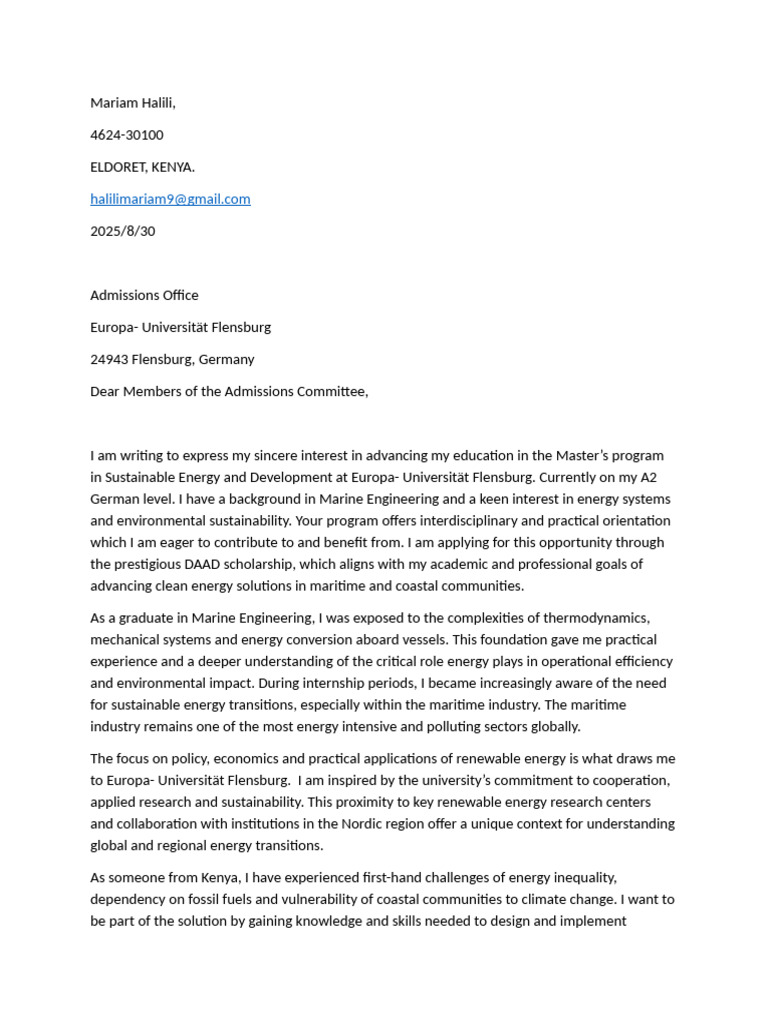 Application for Master's in Sustainable Energy | PDF | Sustainability ...