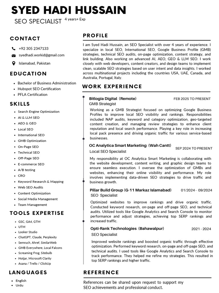 Syed Hadi Hussain SEO Specialist Resume. | PDF | Search Engine ...