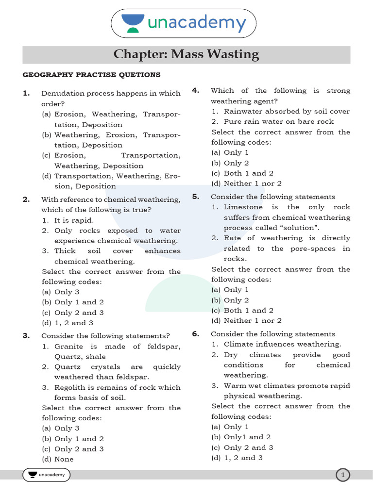 Mass Wasting MCQ Questions | PDF | Rock (Geology) | Weathering