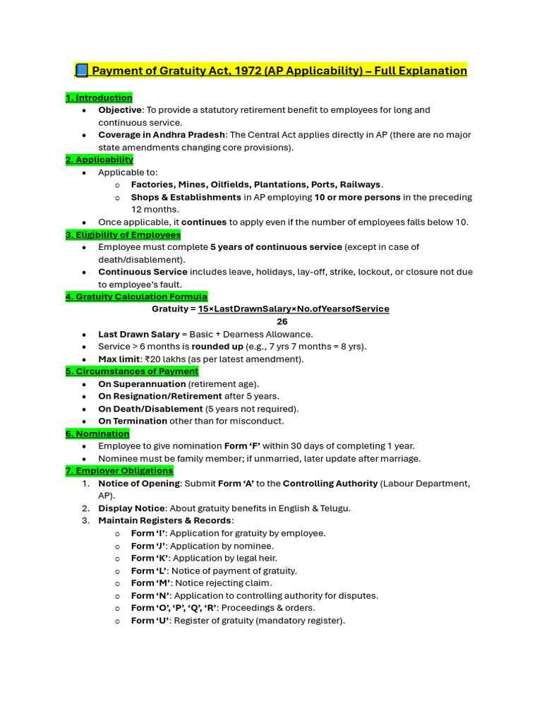 Payment of Gratuity Act, 1972 (AP) Full Explanation | PDF | Employment ...