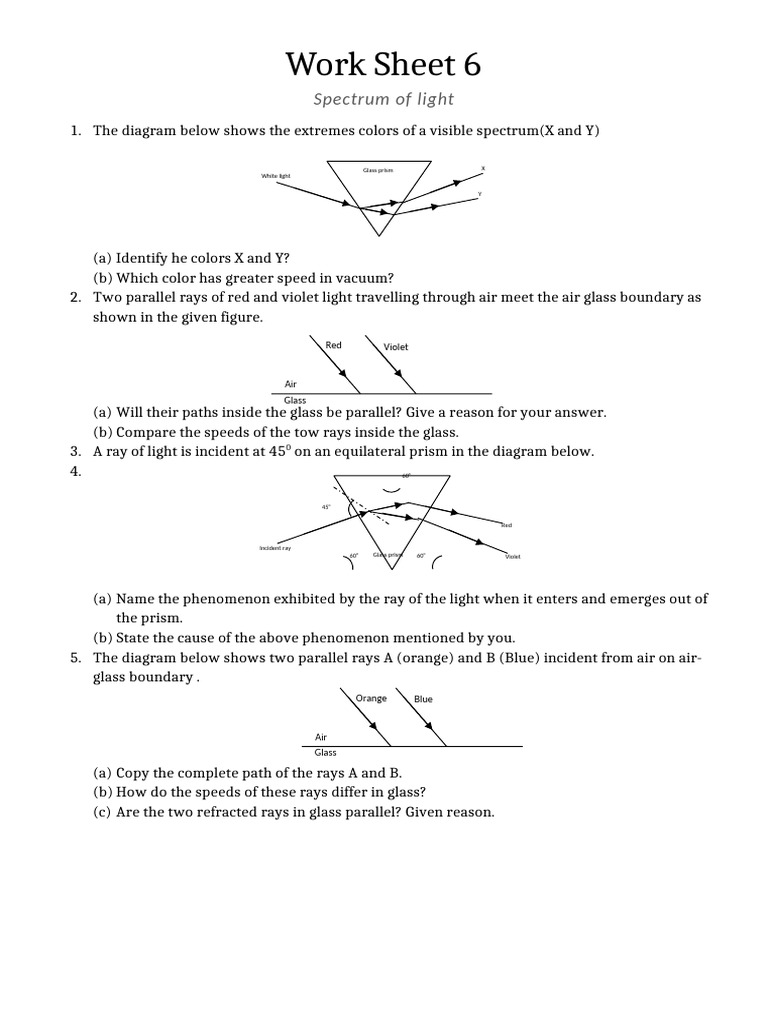 Work Sheet 6 (Spectrum of Light) | PDF