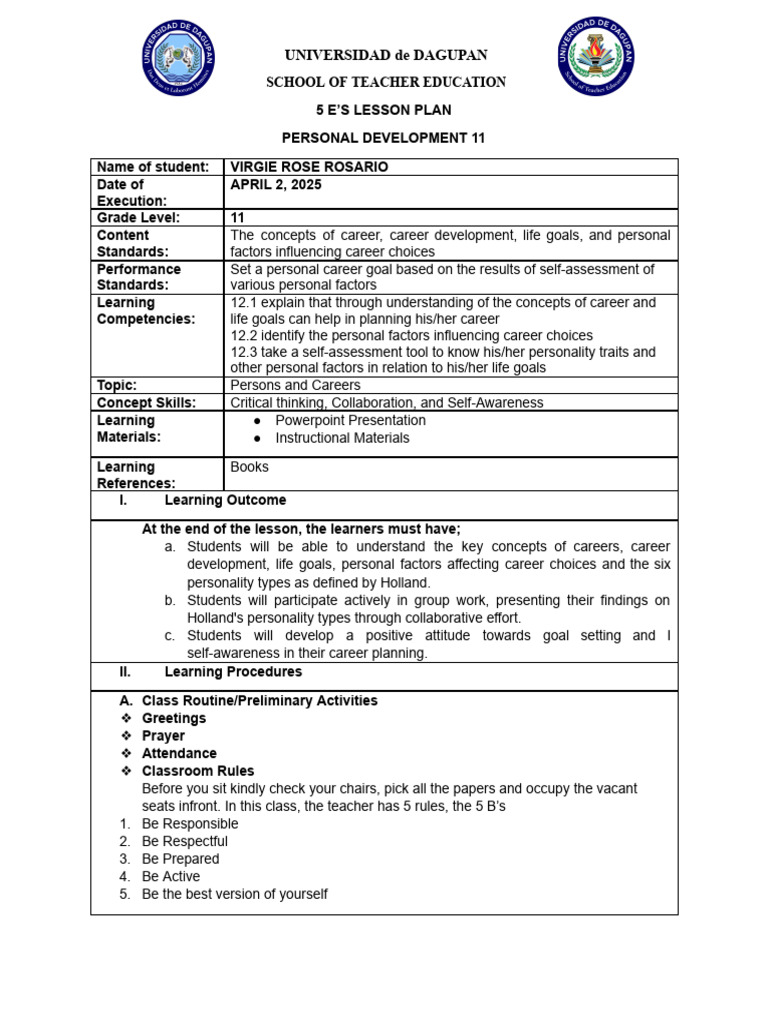 5 E's Lesson Plan (Perdev) | PDF | Learning | Lesson Plan