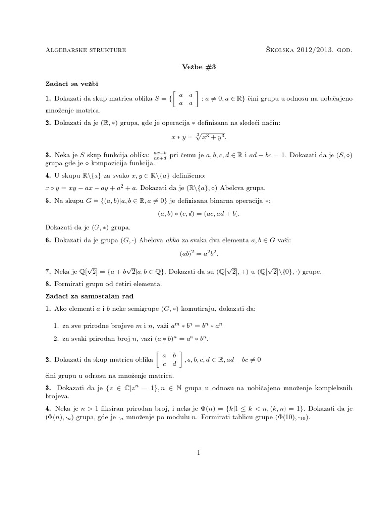 Ve Zbe #3 Zadaci Sa Ve Zbi 1.: Algebarske Strukture Skolska 2012/2013 ...