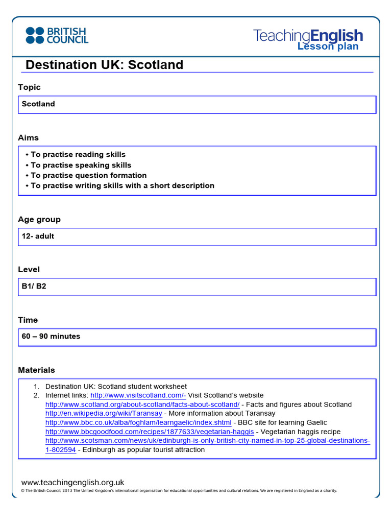 Destination UK Scotland Lesson Plan | PDF | Scotland | United Kingdom