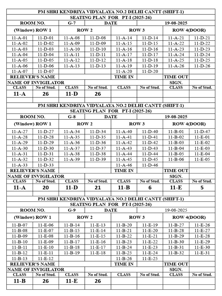 PT-I 2025-26 Seating Plan Delhi Cantt | PDF