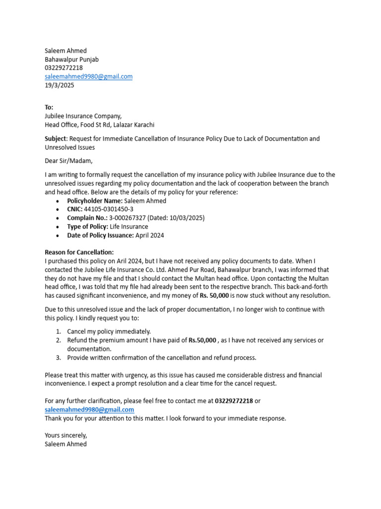 Insurance Policy Cancellation Request | PDF