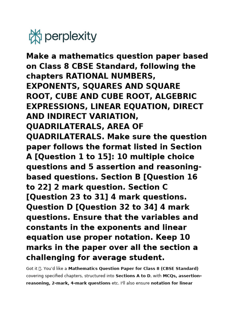 Class 8 CBSE Math Question Paper | PDF | Exponentiation | Mathematics
