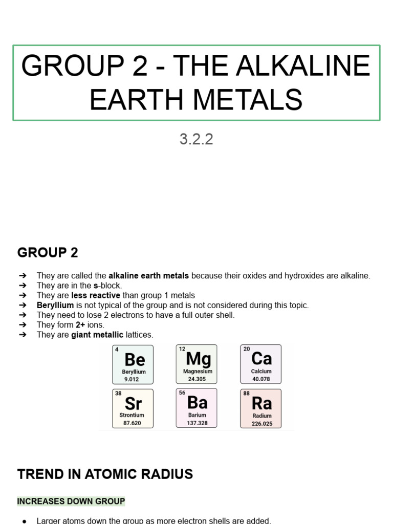 Overview of Alkaline Earth Metals | PDF | Hydroxide | Chemical Reactions