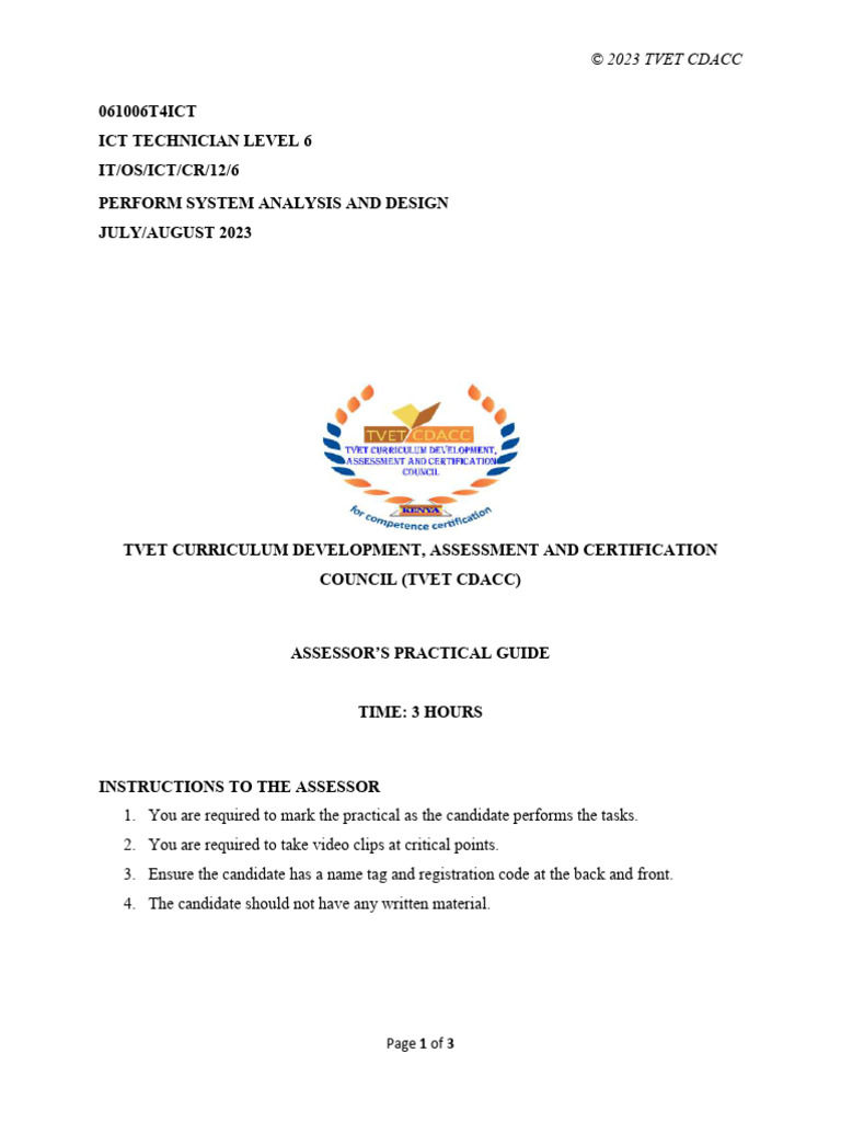 6-ICT Technician-1690284058.Assessor Observation Checklist Perform System Analysis and Design ...