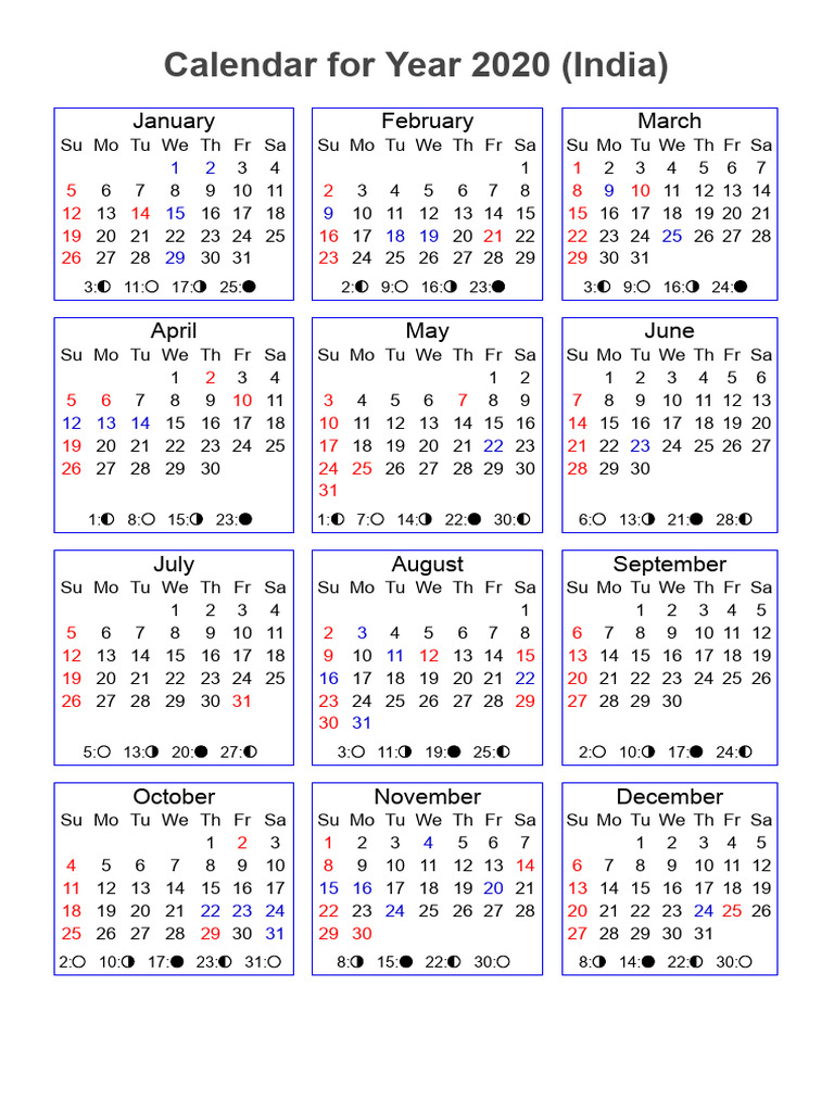 Year 2020 Calendar - India | PDF