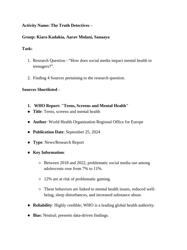 Activity Name - The Truth Detectives | PDF | Adolescence | Mental Health