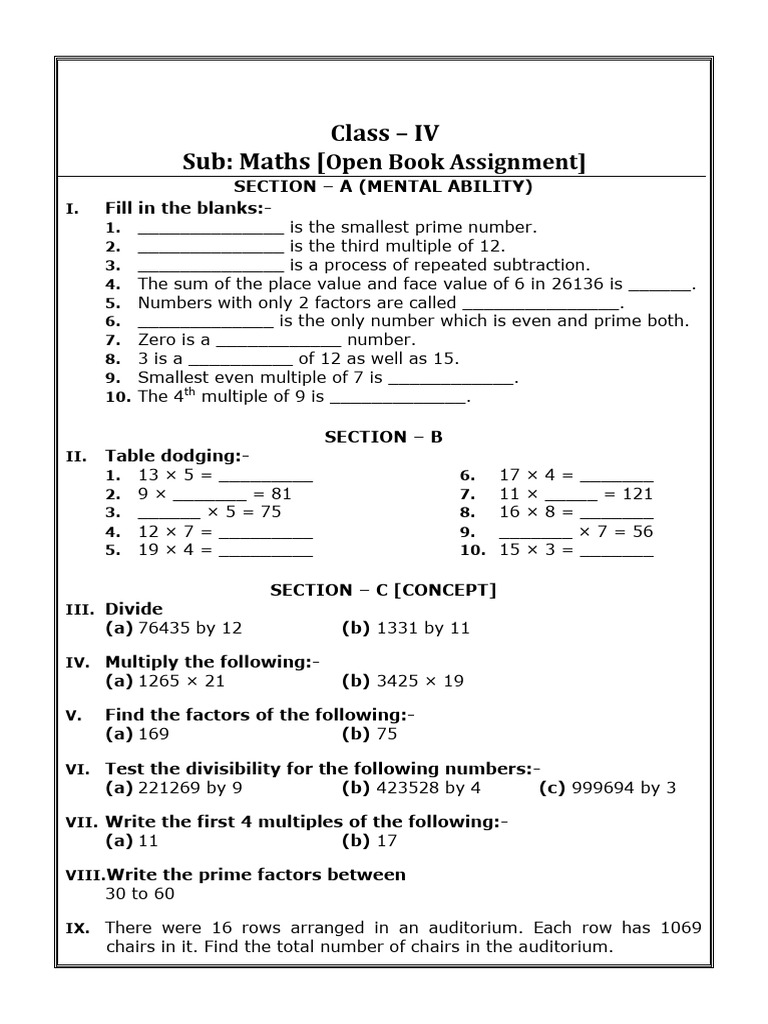 CBSE Class 4 Maths Revision Worksheet (26) - Open Book Assignment | PDF | Prime Number | Numbers
