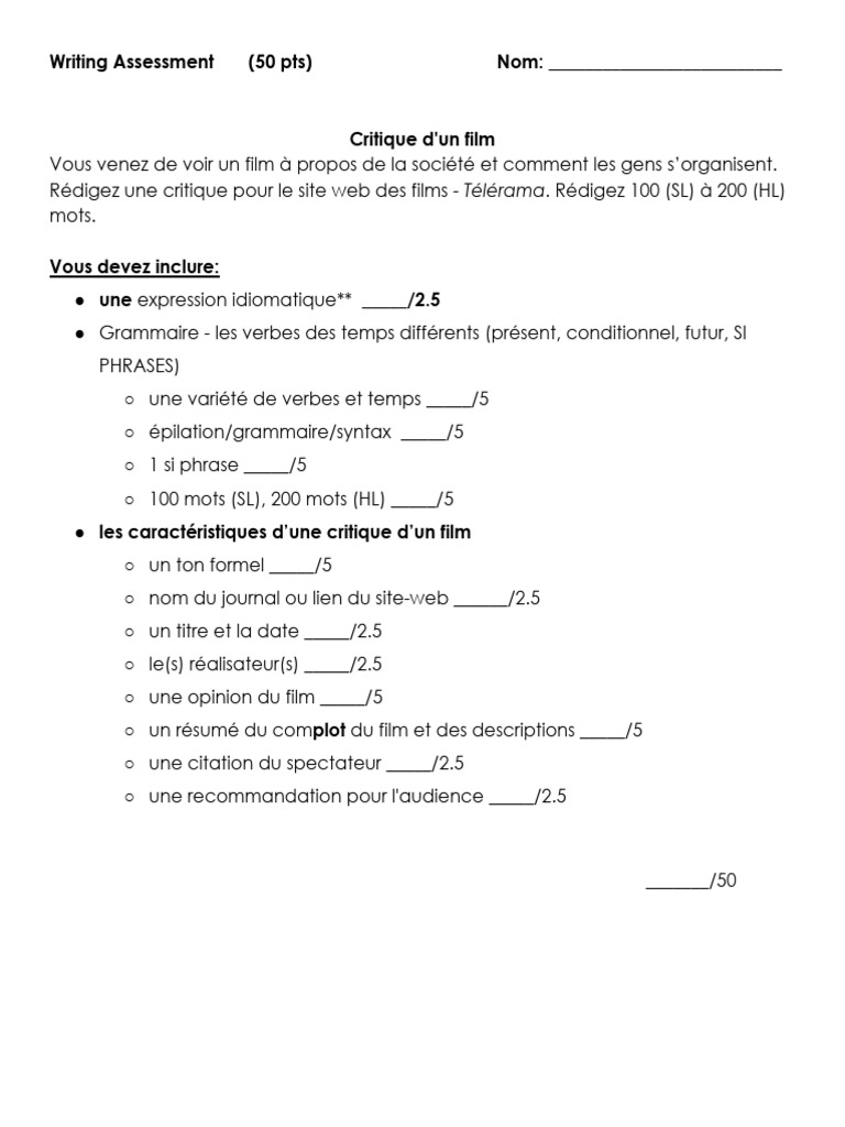 4 - IB French Critique D'un Film - Authentic Prompt, Text Type Template ...