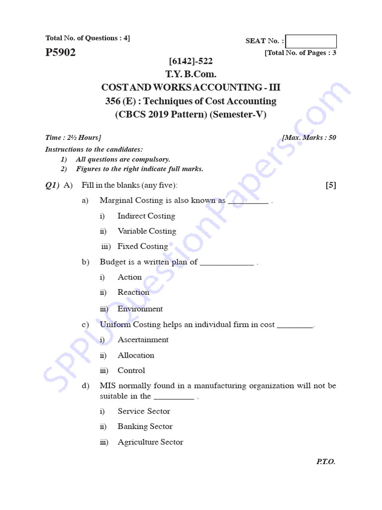 Commerce Bcom Semester 5 2023 November Cost and Works Accounting III 2019 Pattern | PDF | Cost ...