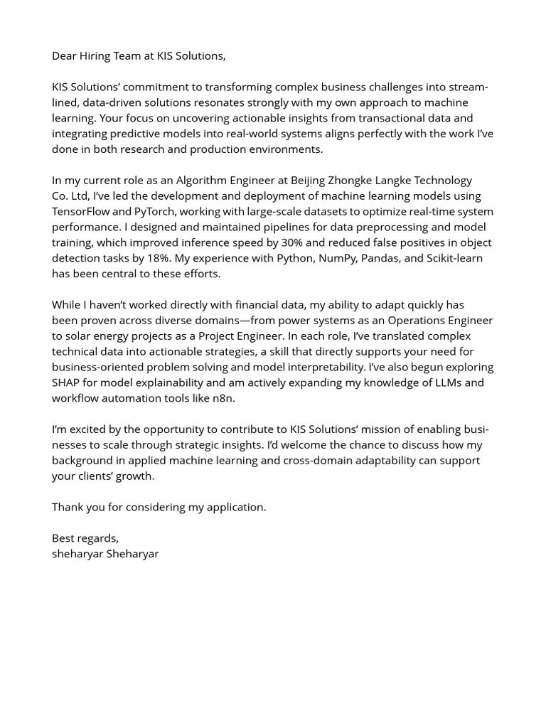 Kis Solutions Mid Machine Learning Engineer Cover Letter | PDF