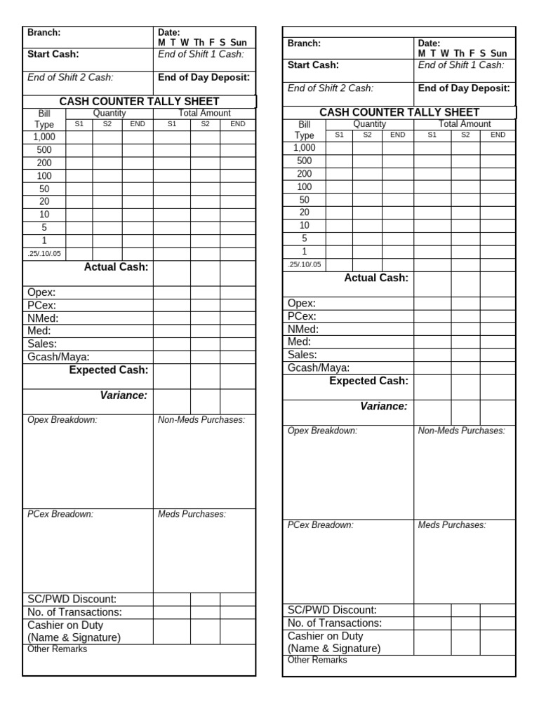 Cash Breakdown Tally Sheet Template | PDF | Money | Economies