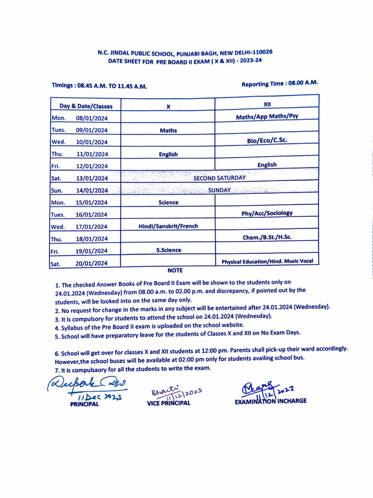 Date Sheet For Pre Borad II Exam (X&xii) | PDF