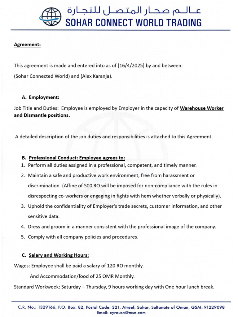 Alex Contract | PDF | Employment | At Will Employment