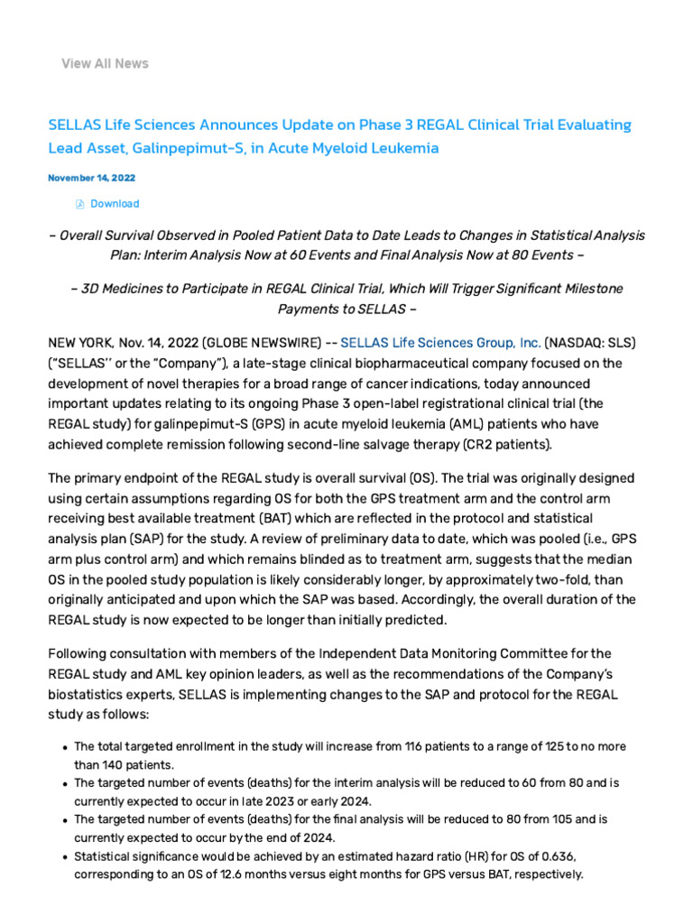 SELLAS Life Sciences Announces Update On Phase 3 REGAL Clinical Trial ...