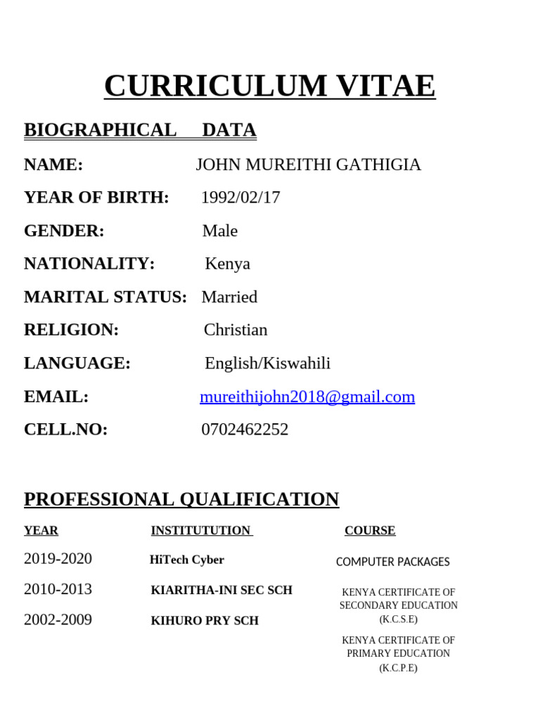 John Mureithi Gathigia CV | PDF