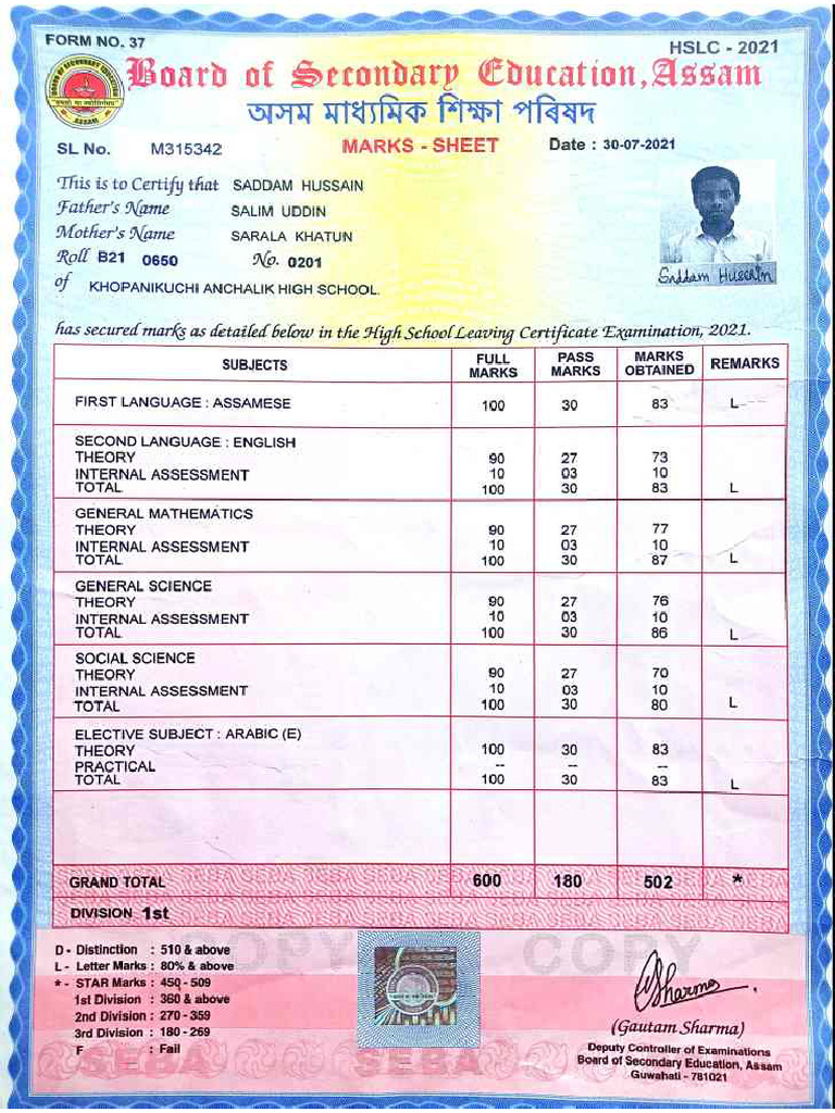 Compressed - 10th Pass Marksheet HSLC | PDF