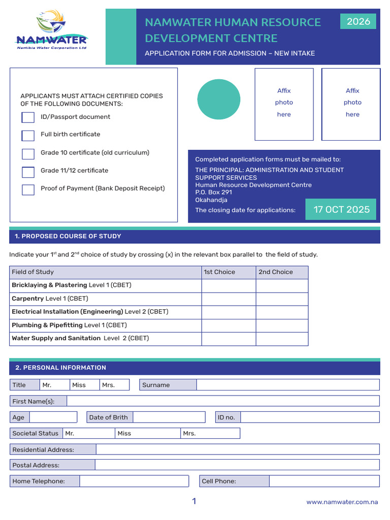 NamWater HRDC Application Form 2026 | PDF