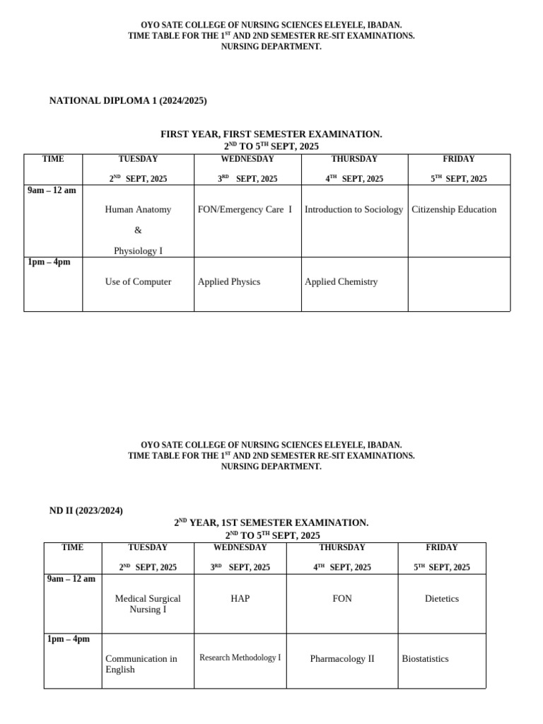 Oyo State Nursing Re-Sit Exam Timetable | PDF | Social Programs ...