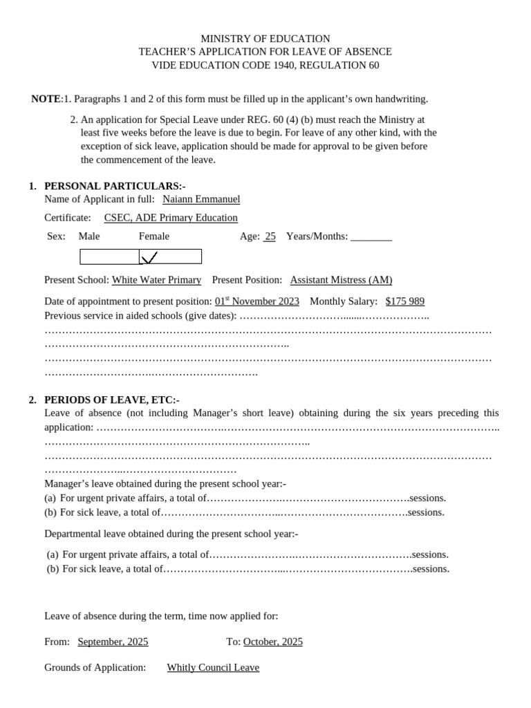 Teacher Leave Application Form | PDF