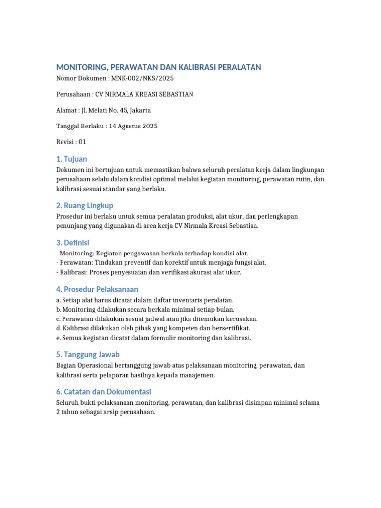 Monitoring Maintenance Dan Kalibrasi Alat CV NIRMALA KREASI SEBASTIAN ...