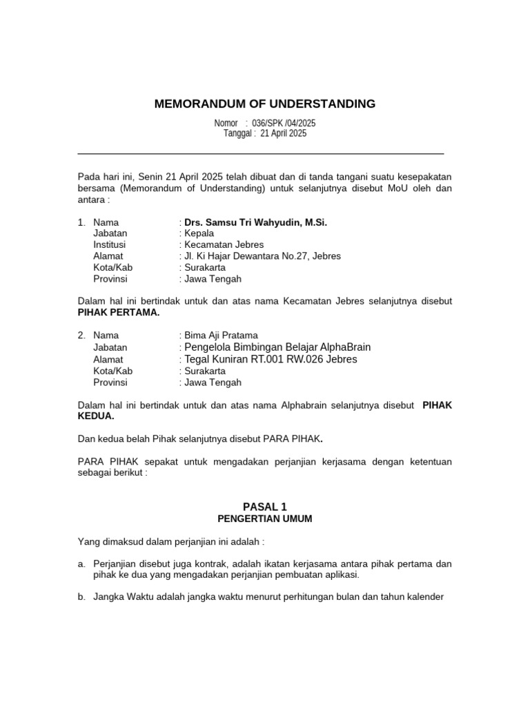 Contoh MoU Kerjasama Aplikasi | PDF