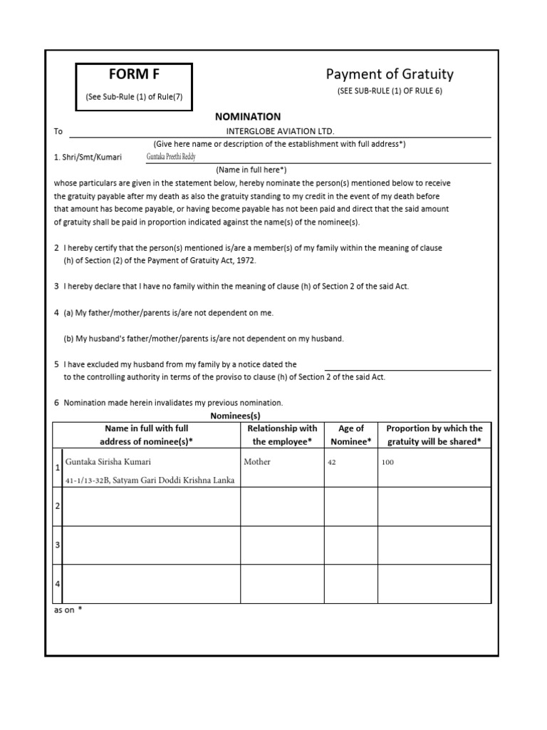 Form F - Payment of Gratuity | PDF