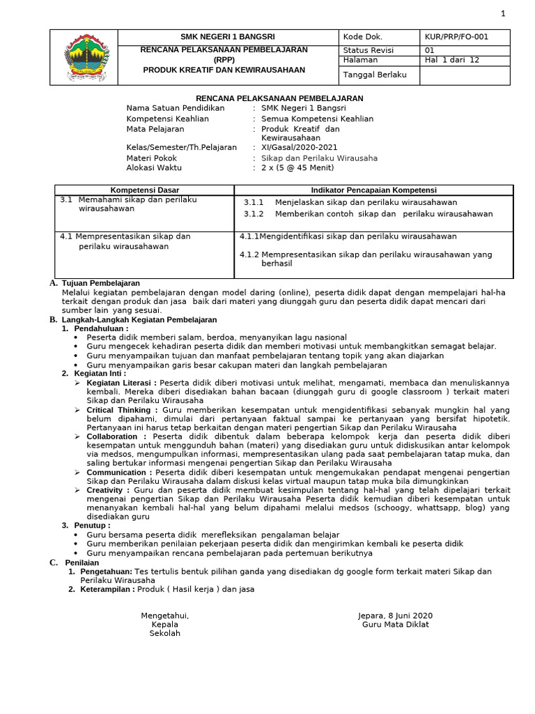 Rpp Produk Kreatif Dan Kewirausahaan Kelas 11 | PDF