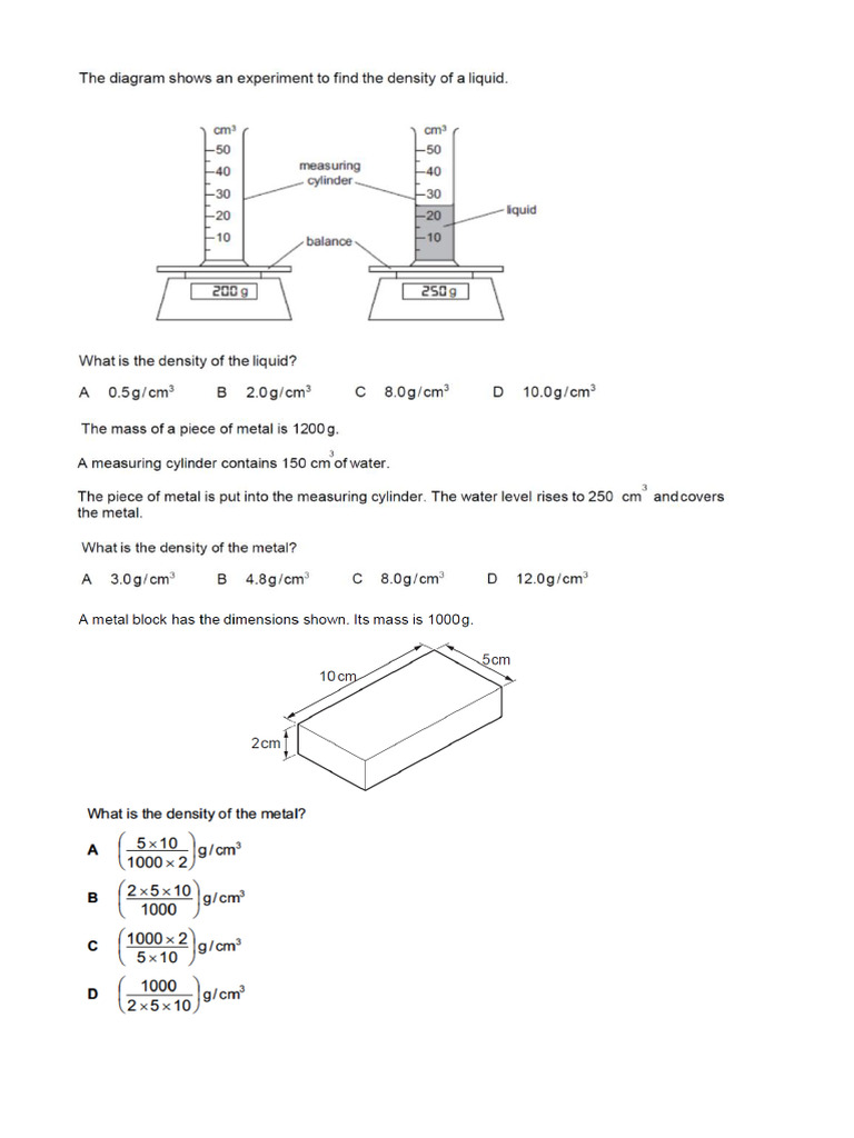 Density Igcse MCQ | PDF