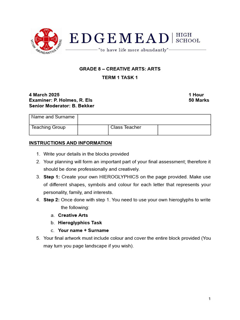 Grade 8 Creative Arts Hieroglyphics Task | PDF
