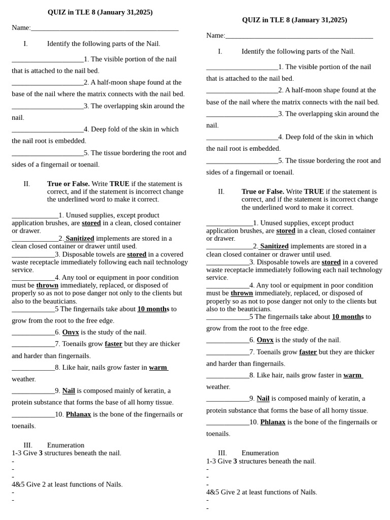 QUIZ in TLE 8 (jan 31, 2025) | PDF | Nail (Anatomy) | Foot