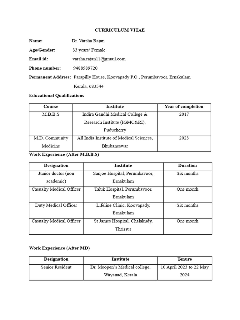 Curriculum Vitae - Dr.varsha_2!9!2025 - Varsha Rajan | PDF | Doctor Of Medicine | Medical School