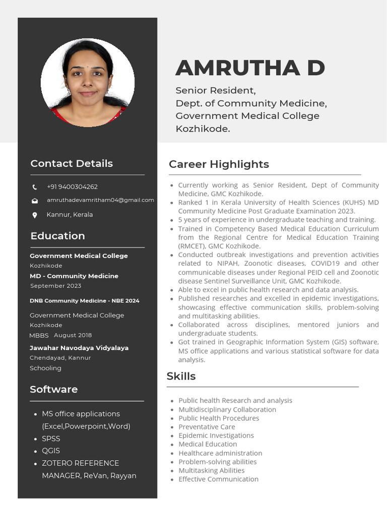 RESUME - DR AMRUTHA D - Amrutha Devamritham | PDF | Public Health | Medicine