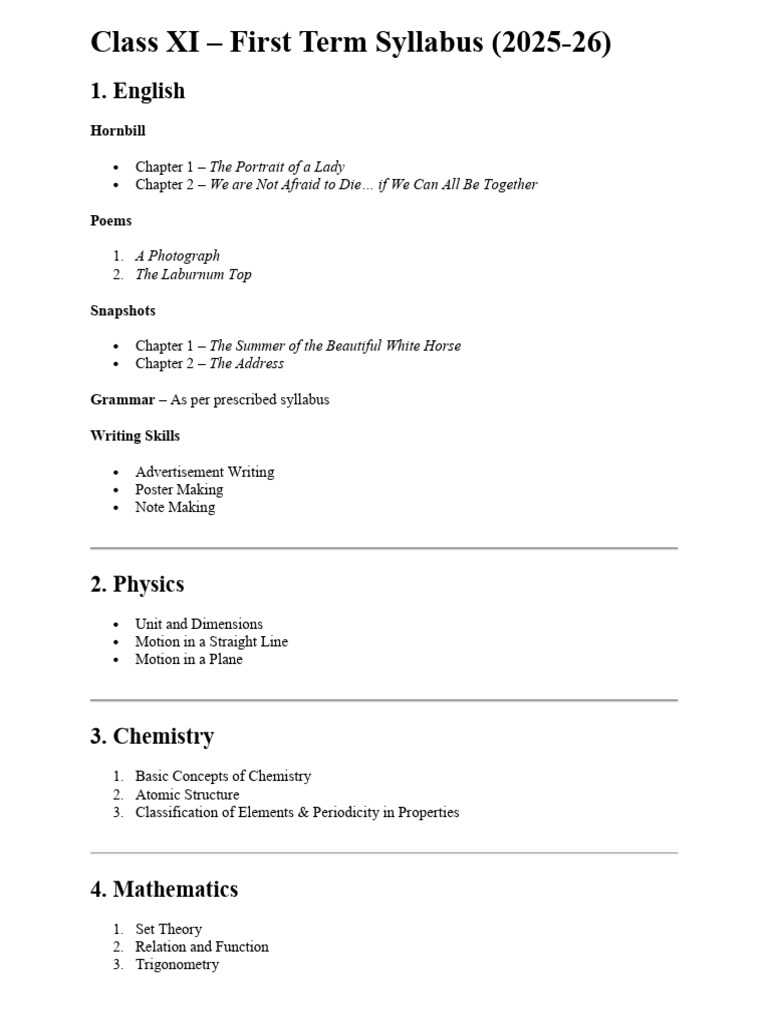 Class XI First Term Syllabus 2025-26 | PDF