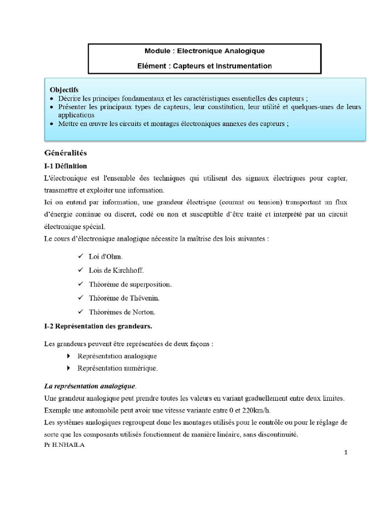 Résumé Du Cours Capteurs Et Instrumentation | PDF